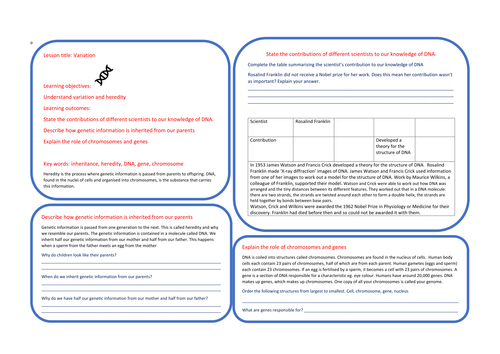 DNA / inheritance learning mat. Key stage 3 lesson or homeowrk or a ...