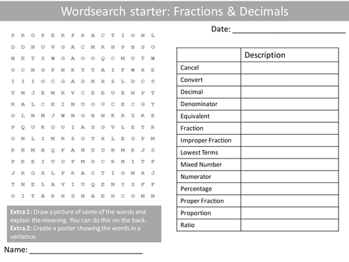 Maths Fractions & Decimals KS3 Wordsearch Crossword Anagram Alphabet ...