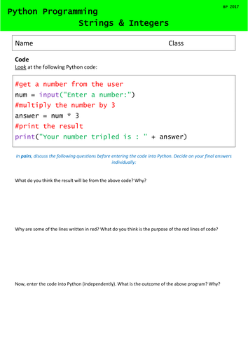 Python Programming Lesson 3 Strings And Integers Fully Resourced Lesson Teaching Resources