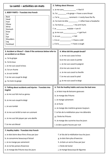 French - Health : writing mats and vocab builder | Teaching Resources