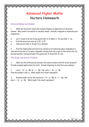 Advanced Higher Maths Vectors Homework Booklet With Worked Solutions ...