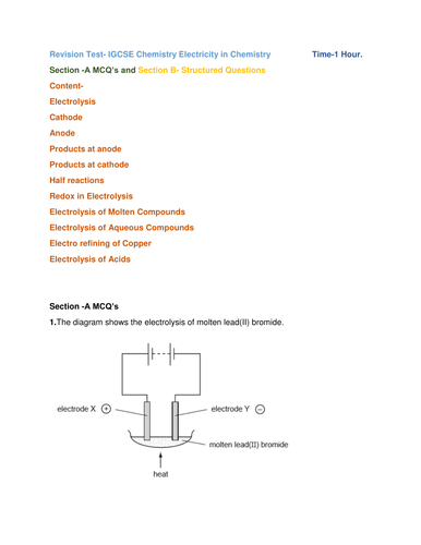Revision Test- IGCSE Chemistry Electricity in Chemistry Time-1 Hour ...