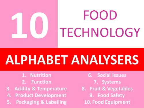 10 Food Technology Alphabet Brainstorm Analysers KS3 GCSE Keyword ...