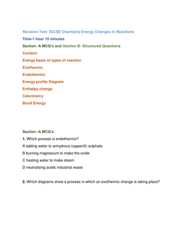 Revision Test- IGCSE Chemistry Energy Changes in Reactions | Teaching ...