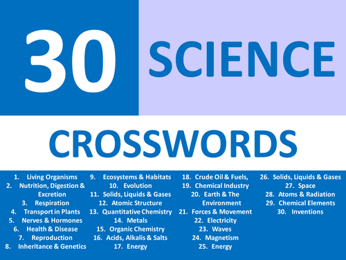 30 x Starter Crosswords Science Chemistry Physics & Biology KS3 GCSE ...