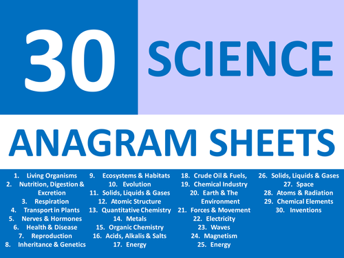 30 x Starter Anagram Sheets Science Chemistry Physics & Biology KS3 ...