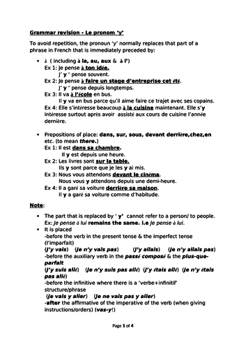 Le pronom 'y' -grammar revision-Worksheet along with the answer key by ...
