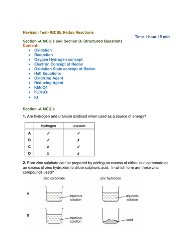 Revision Test- IGCSE Redox Reactions Time-1 hour 15 min | Teaching ...