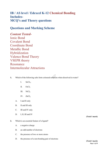 IB / AS level / Edexcel K-12 Chemical Bonding WS | Teaching Resources
