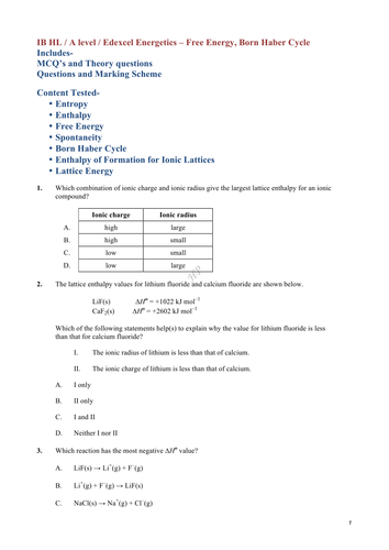 IB HL / A level / Edexcel Energetics – Free Energy, Born Haber Cycle WS ...