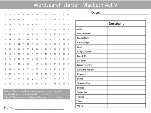 English Macbeth Act 5 Keywords KS3 GCSE Wordsearch Crossword Anagram ...