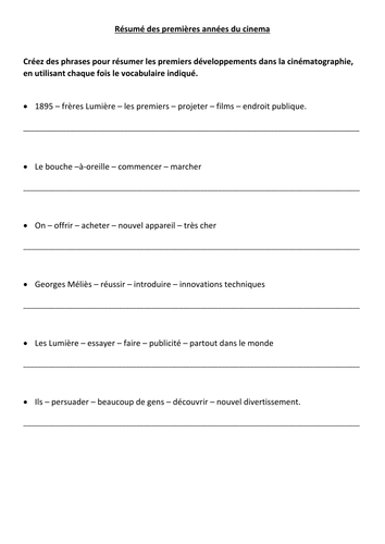 A-level French infinitive constructions practice - history of cinema ...