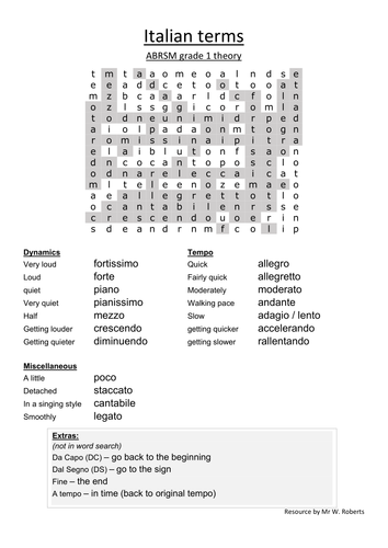 Italian musical terms worksheet (grade 1 theory) by wroberts3 ...