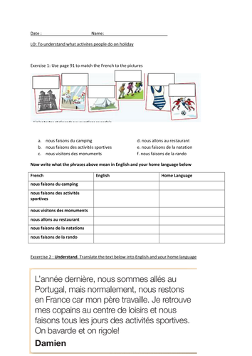 french les activities en vacances holiday activities whole lesson and ...
