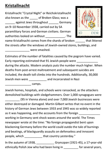 Kristallnacht Cloze Activity | Teaching Resources
