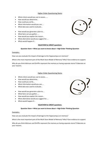 Higher Order Questioning Stems | Teaching Resources