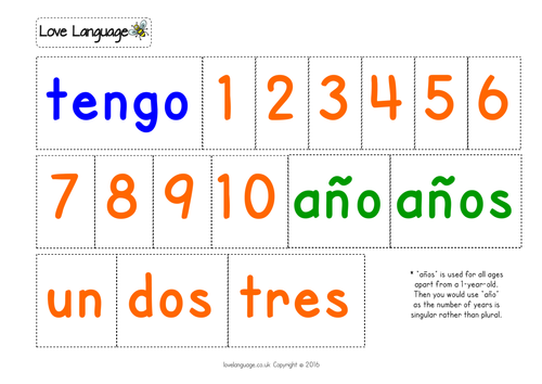 Age in Spanish - numbers 1-10 - sentence builders | Teaching Resources