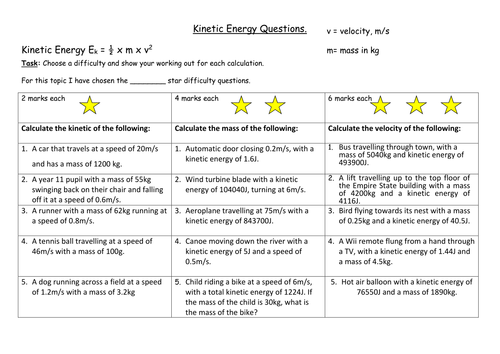 A differentiated worksheet on calculating kinetic energy | Teaching ...
