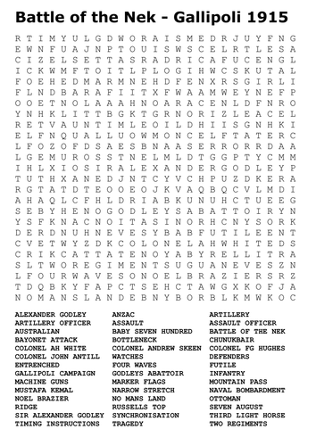 Battle of the Nek - Gallipoli 1915 World War One Word Search | Teaching ...