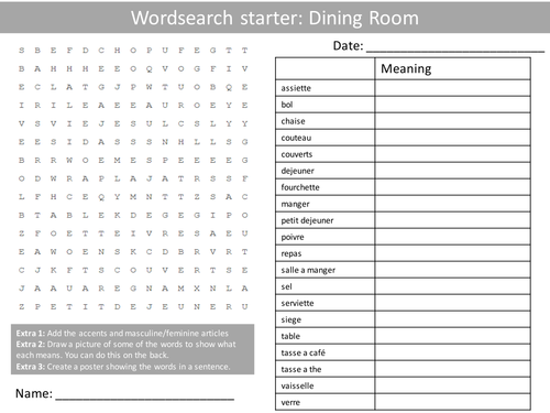 French The Dining Room Wordsearch Crossword Anagrams Keyword Starters ...