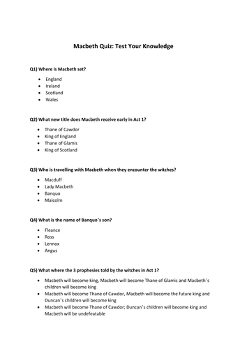 Macbeth Knowlege Quiz | Teaching Resources