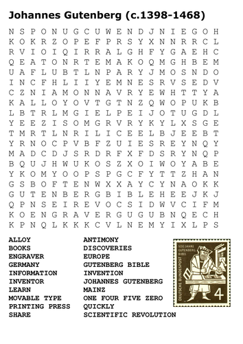 Johannes Gutenberg Word Search | Teaching Resources