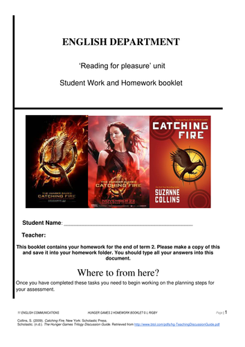 Hunger Games 2 (Catching Fire) Student Work Booklet | Teaching Resources