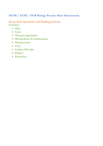 Igcse Gcse Ocr Biology Practice Sheet Homeostasis Teaching Resources