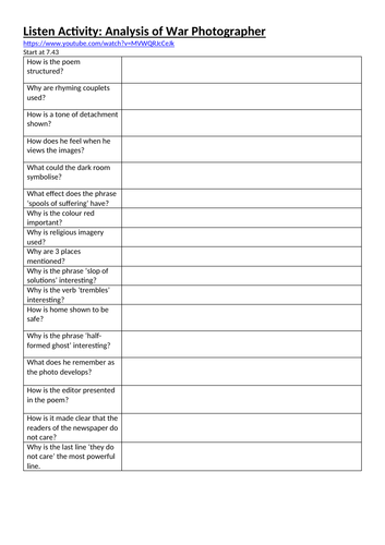 War Photographer. Line by line questions. Power and Conflict ...