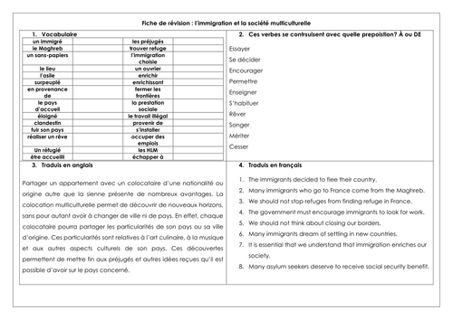 French A Level immigration multicultural society revision translation ...