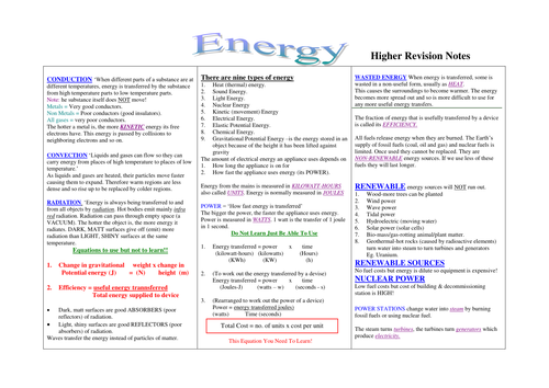 GCSE Physics Energy Revision Higher | Teaching Resources GCSE Physics Energy Revision Higher | Teaching Resources