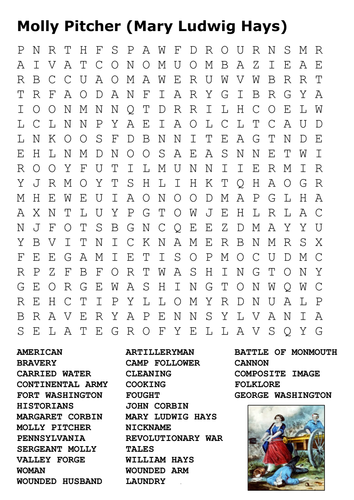 Molly Pitcher (Mary Ludwig Hays) Word Search | Teaching Resources