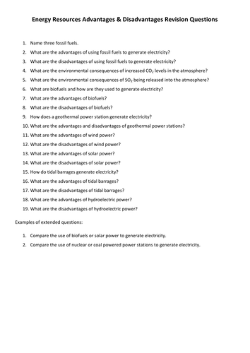 Energy Resources Adv & Dis Revision Mat & Questions | Teaching Resources