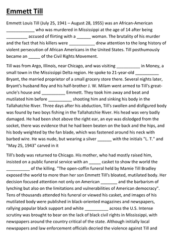 Emmett Till Cloze Activity Overview | Teaching Resources
