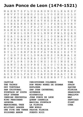 Juan Ponce de Leon (1474-1521) Word Search | Teaching Resources