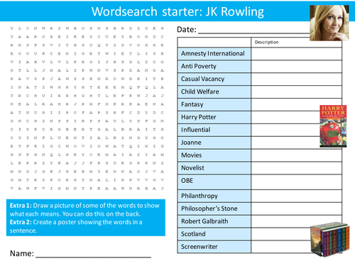 Author JK Rowling 6 x Starters Wordsearch Crossword Anagram Alphabet ...