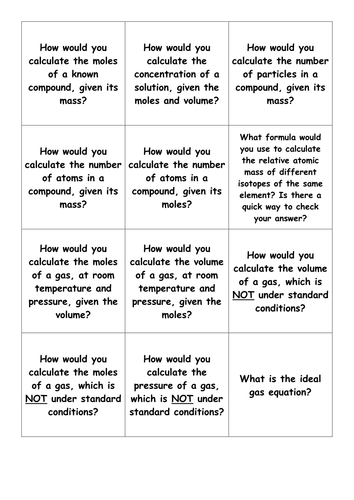 Printable Flash Cards for Revision of Moles (OCR Chemistry A Level ...
