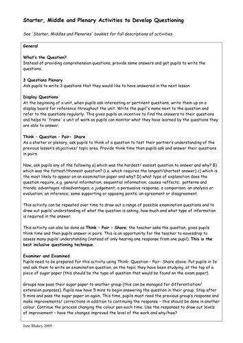 Developing questioning through activities | Teaching Resources
