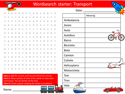 Spanish Transport Keyword Wordsearch Crossword Anagrams Keyword ...