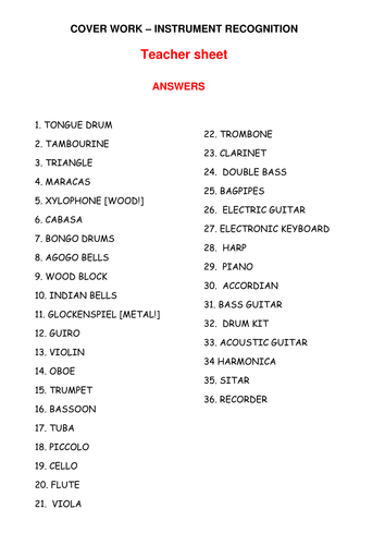 INSTRUMENT RECOGNITION COVER WORK AND DISPLAY WORK | Teaching Resources