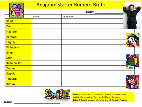 10 Pop Art Artist Anagram Sheets earch Starter Activities Keyword ...