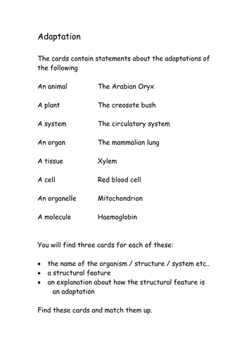 A level Biology Adaptations Revision | Teaching Resources