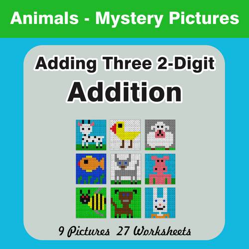 Adding Three 2-Digit Addition Mystery Pictures | Teaching Resources