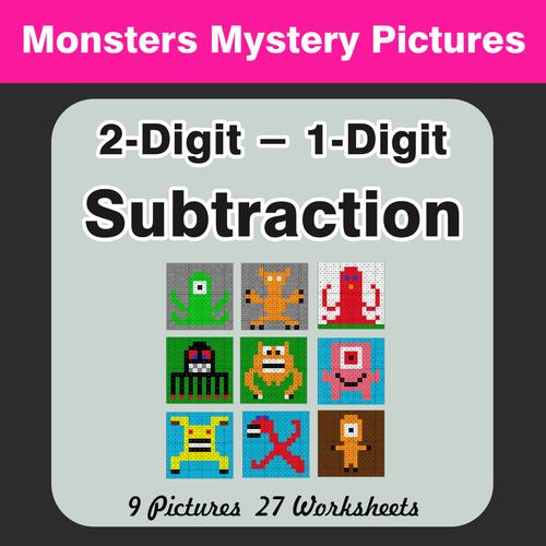 Subtraction: 2-Digit - 1-Digit - Color-By-Number Mystery Pictures ...