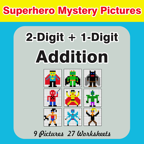 2-Digit + 1-Digit Addition - Color-By-Number Superhero Mystery Pictures ...