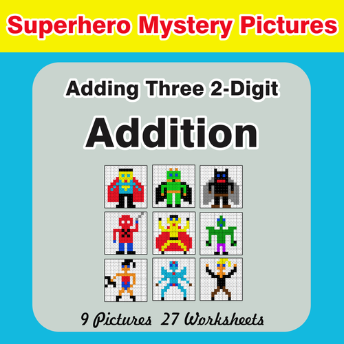 Adding Three 2-Digit Addition - Color-By-Number Superhero Mystery ...