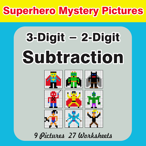 Subtraction: 3-Digit - 2-Digit - Color-By-Number Superhero Mystery ...