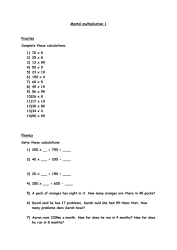 Year 6 Mental Multiplication Worksheet | Teaching Resources