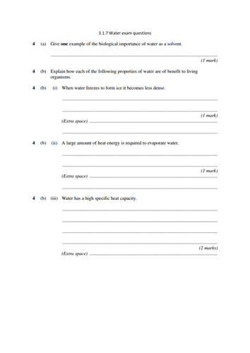 NEW SPEC AS biology AQA 3.1.7 water exam questions | Teaching Resources NEW SPEC AS biology AQA 3.1.7 water exam questions | Teaching Resources