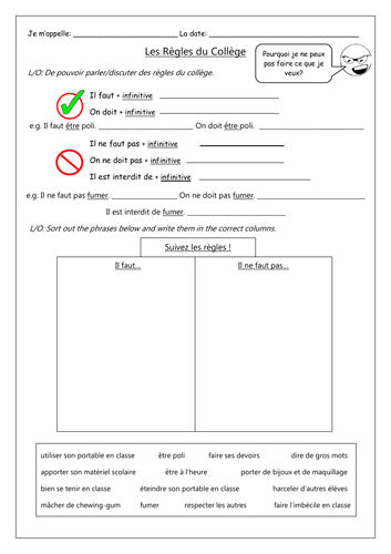 FRENCH - School Rules - Worksheets | Teaching Resources